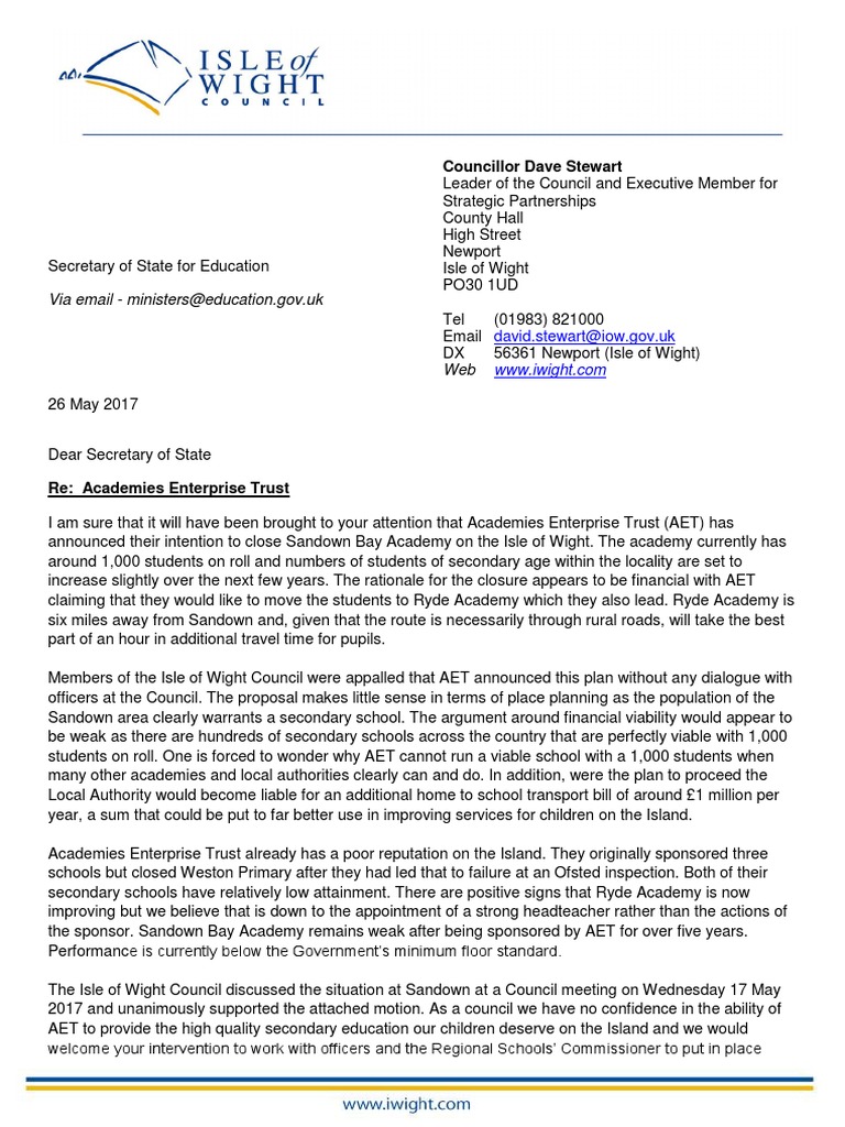 Letter to Secretary of State for Education - Academies Enterprise Trust ...
