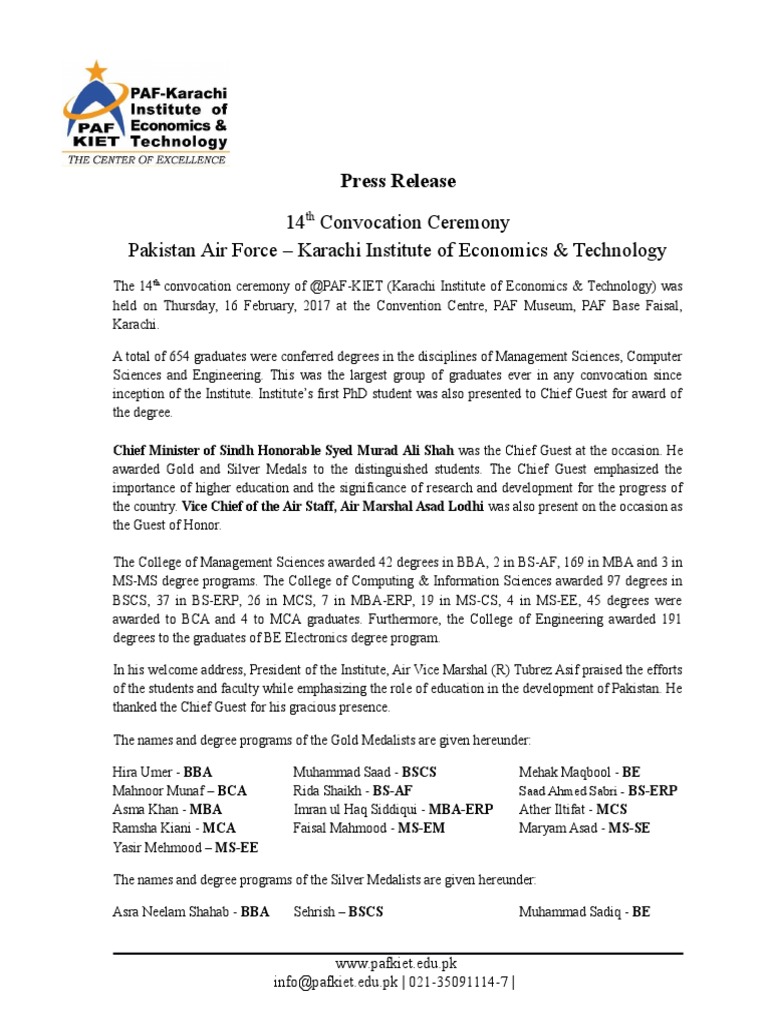 Press Release For 14th Convocation Ceremony | PDF | Pakistan