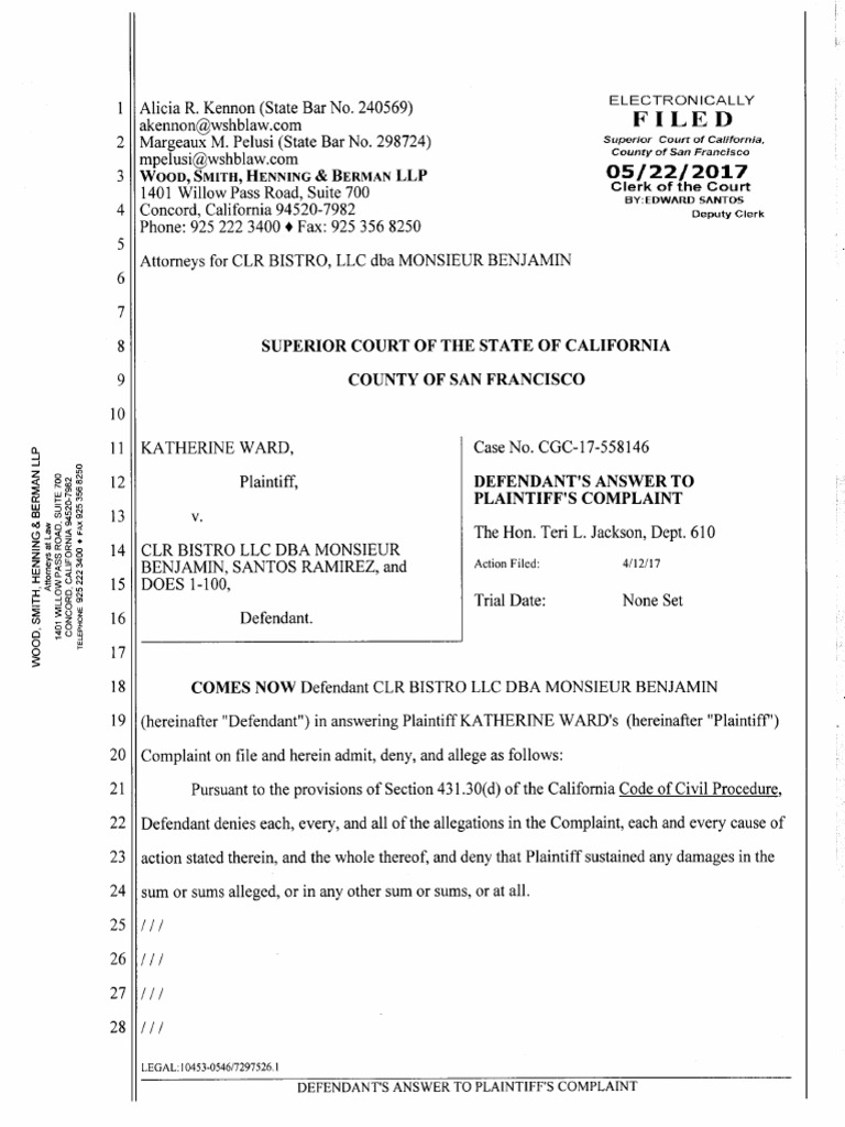 Defendant's Answer To Plaintiff's Complaint | PDF