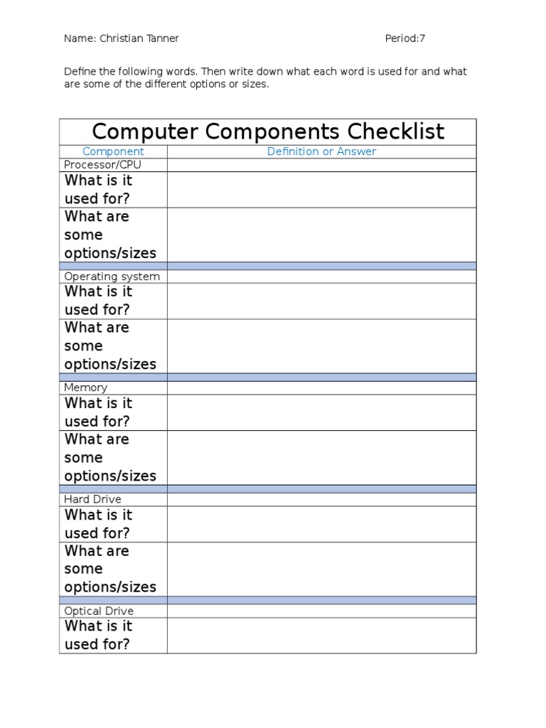 Computer Components Checklist: Component Definition or Answer | PDF