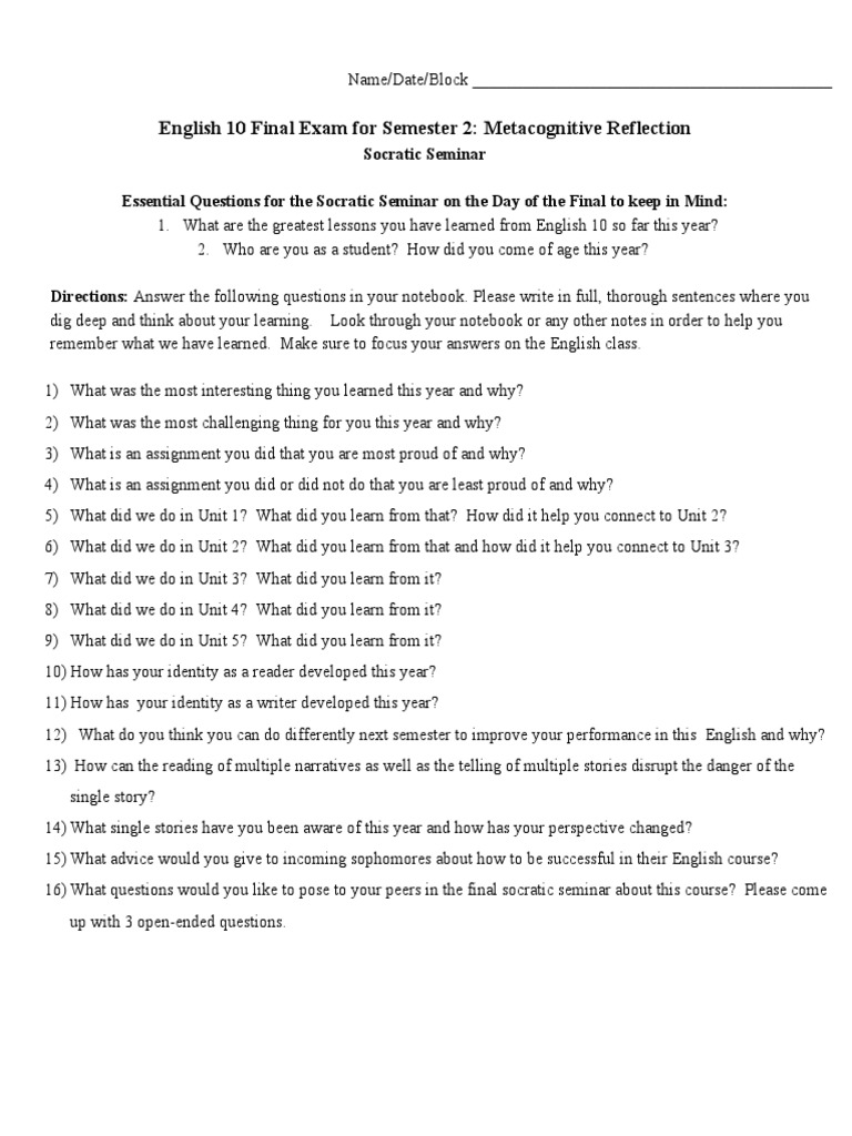 English 10 Semester 1 Finalexam | PDF