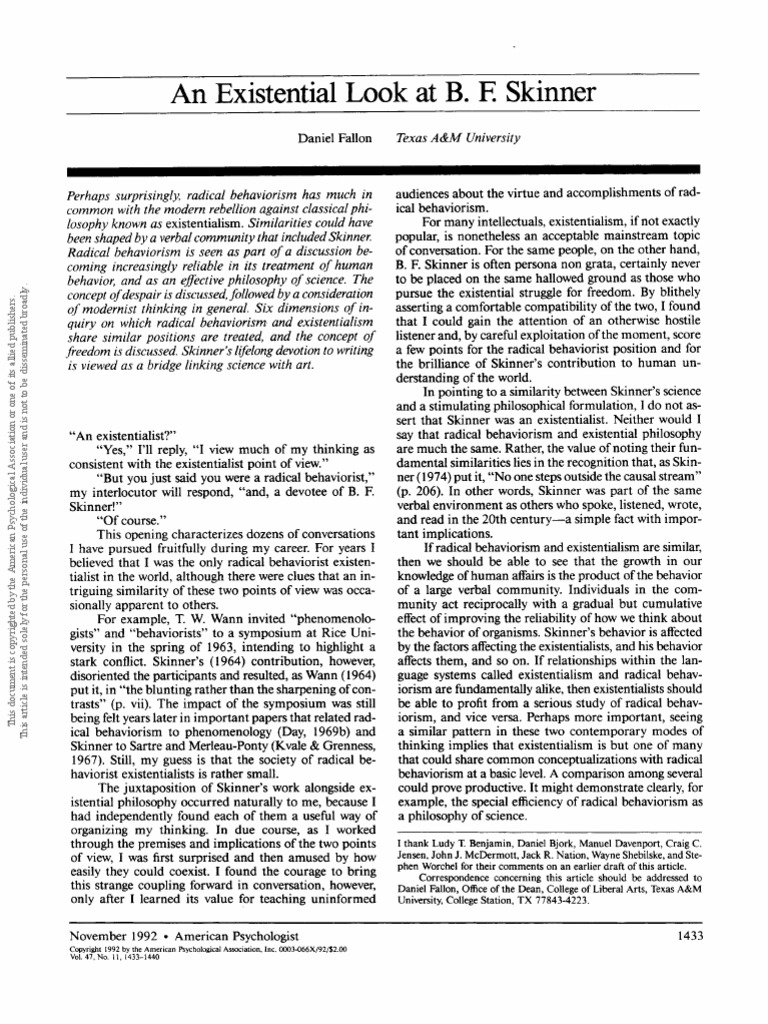 An Existential Look at B. F. Skinner | PDF | Existentialism | Behaviorism