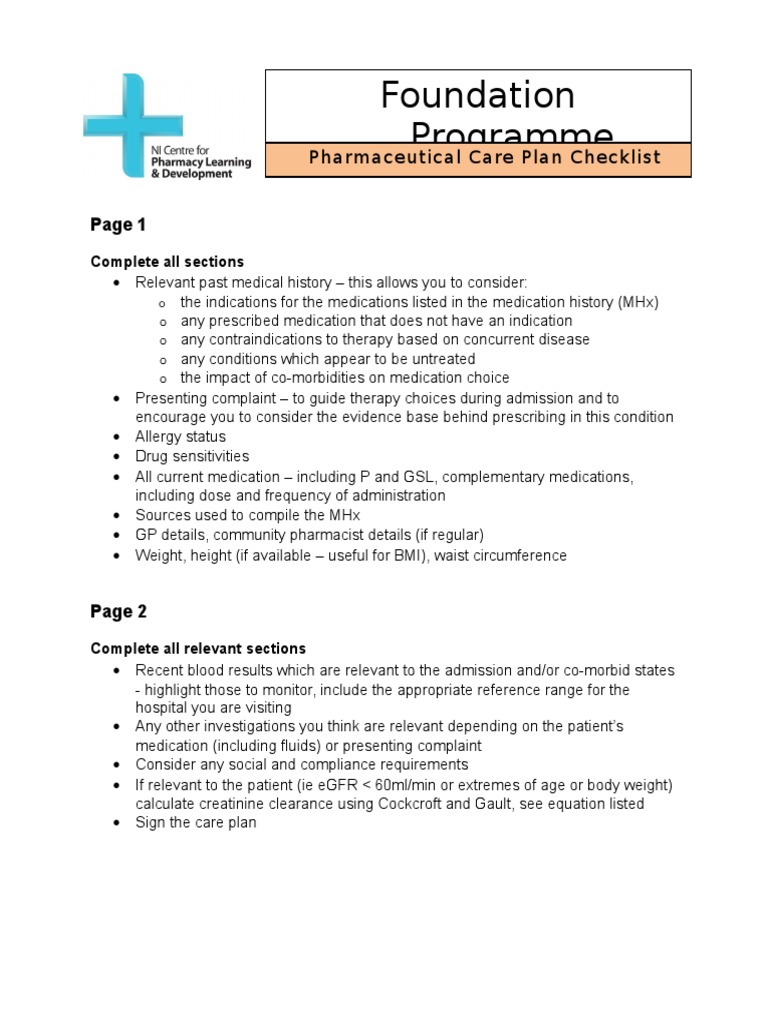 Foundation Programme: Pharmaceutical Care Plan Checklist | PDF ...