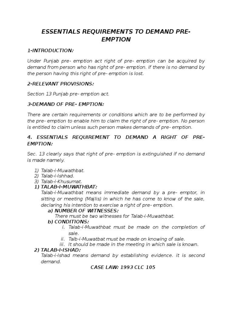 Essentials Requirements To Demand Pre-Emption | PDF | Civil Law (Common Law) | Private Law