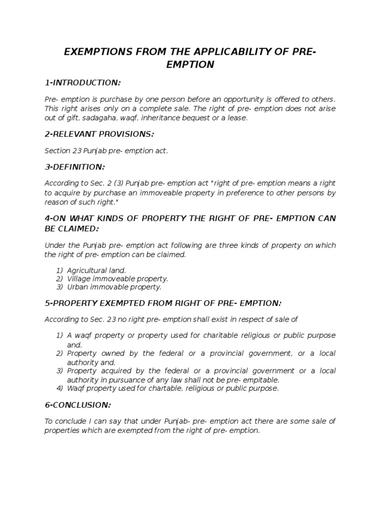 Exemptions From The Applicability of Pre-Emption | PDF
