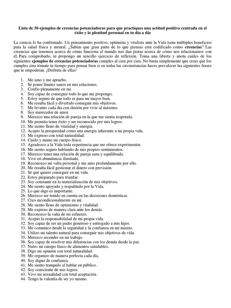Lista de 50 Ejemplos de Creencias Potenciadoras | PDF | Ejercicio físico | Science