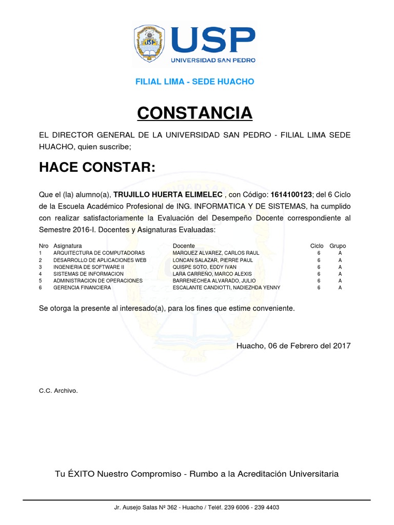 Constancia De Evaluación Docente 2016 I Pdf