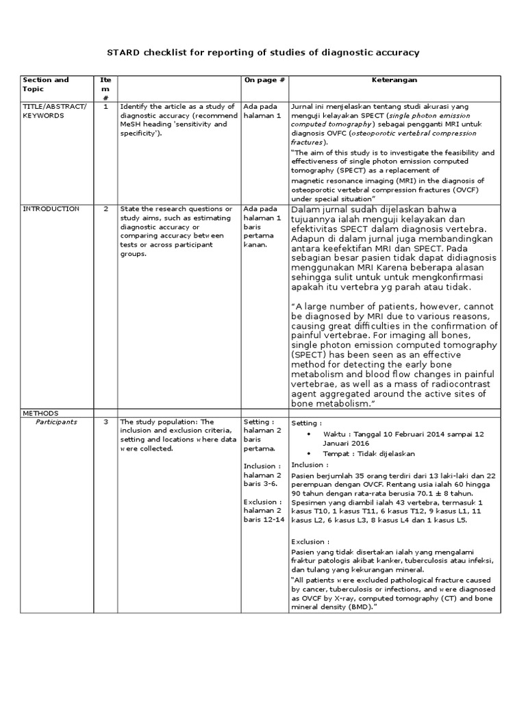 STARD Checklist MS Word | PDF | Uji Klinis | Statistik