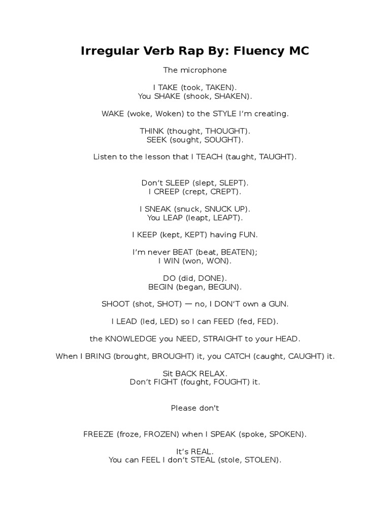 Irregular Verb Rap | Download Free PDF | Rapping | Entertainment (General)