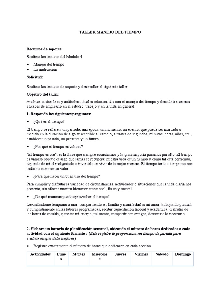 Taller Manejo Del Tiempo | PDF | Planificación | Agitación