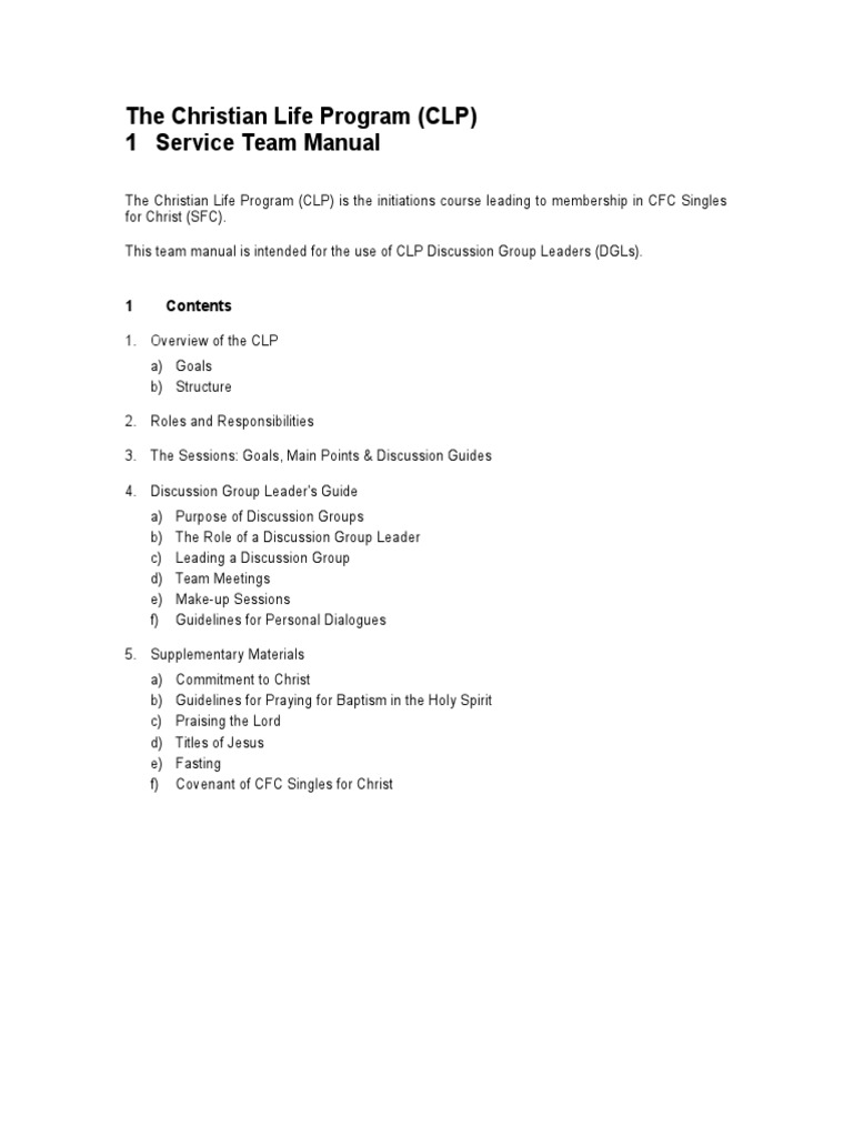 SFC CLP Service Team Manual | PDF | Baptism | Prayer