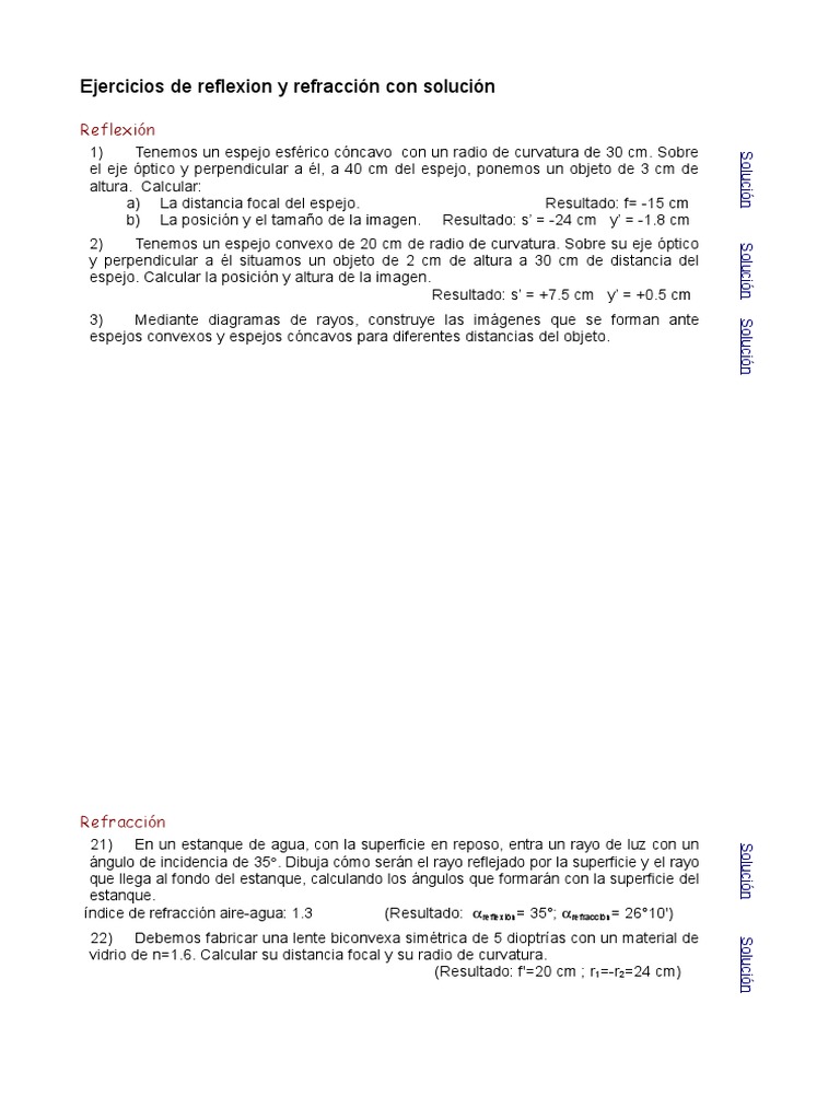 Ejercicios Reflexion y Refraccion Con Solucion