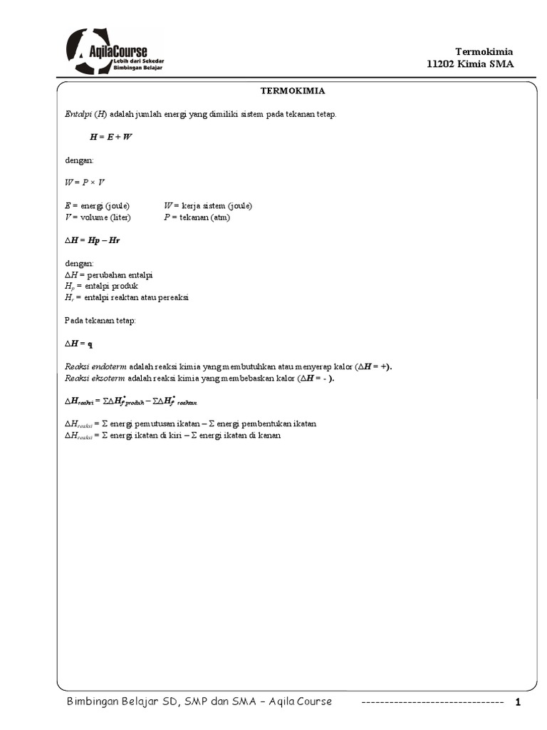 Modul Bimbel Gratis Kelas 11 SMA 11202 Kimia Thermokimia | PDF