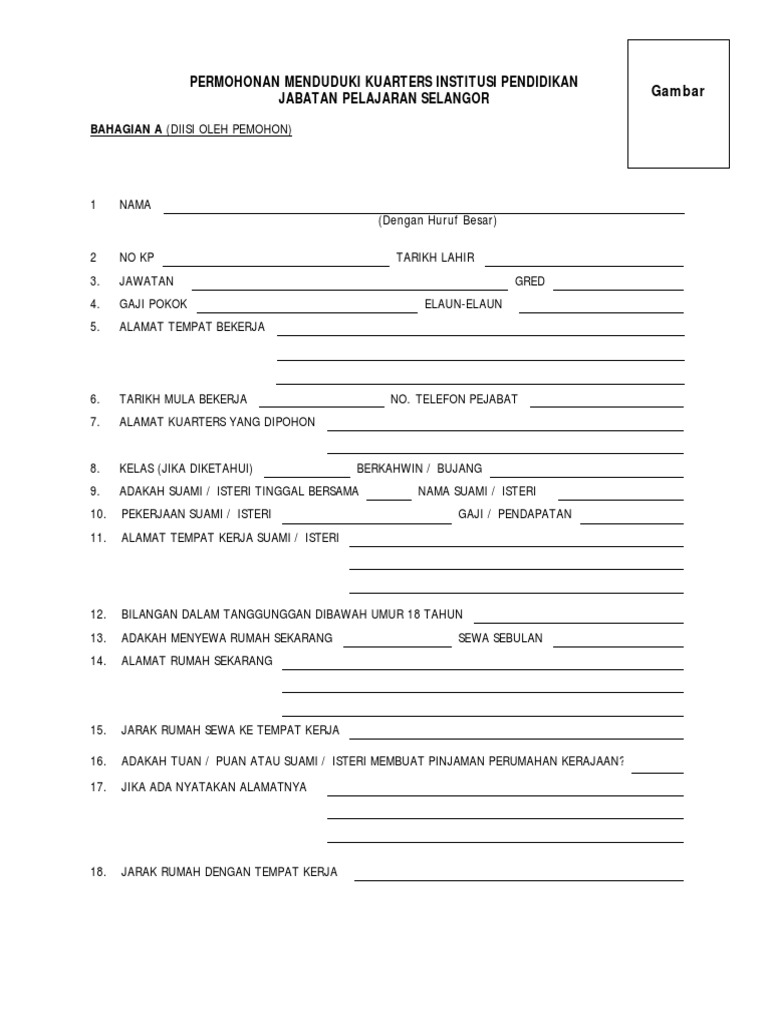 Borang Permohonan Menduduki Kuarters PDF | PDF