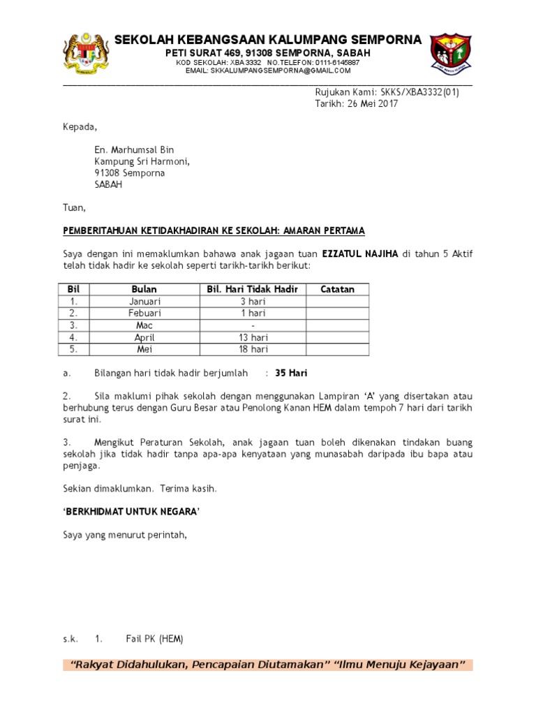 Surat Amaran Ponteng Sekolah Skks 2017 | PDF
