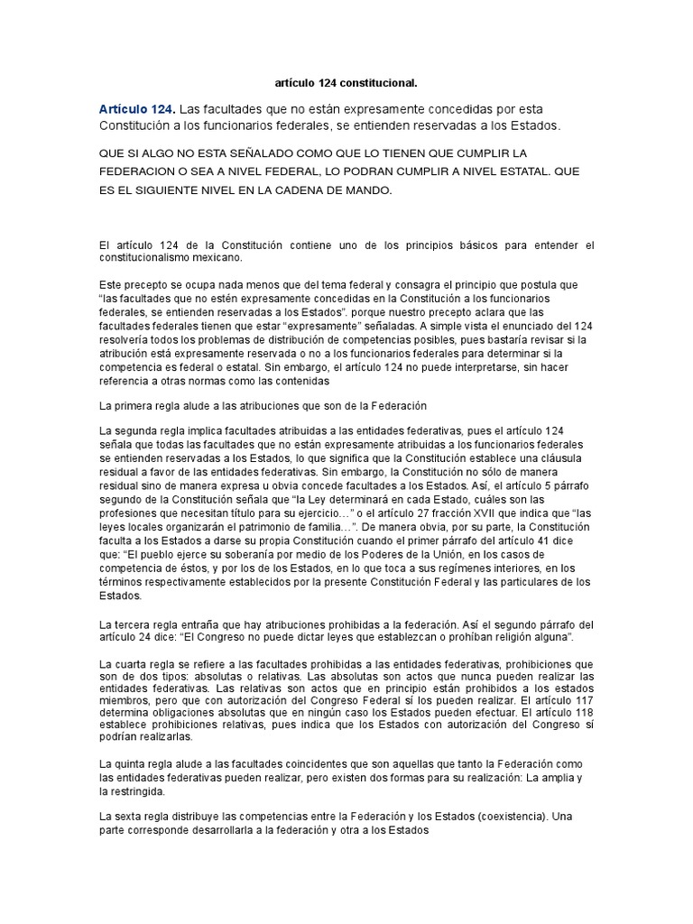 Artículo 124 de La Constitucion | PDF | Federación | Estado (política)