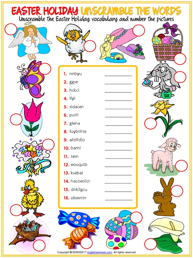 Easter Holiday Vocabulary Esl Unscramble The Words Worksheets For Kids ...