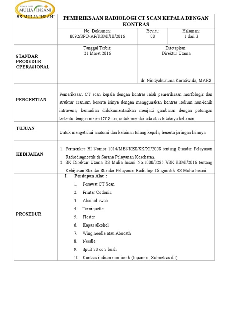 0092 SPO Pemeriksaan Rad CT Scan Kepala Dengan Kontras | PDF