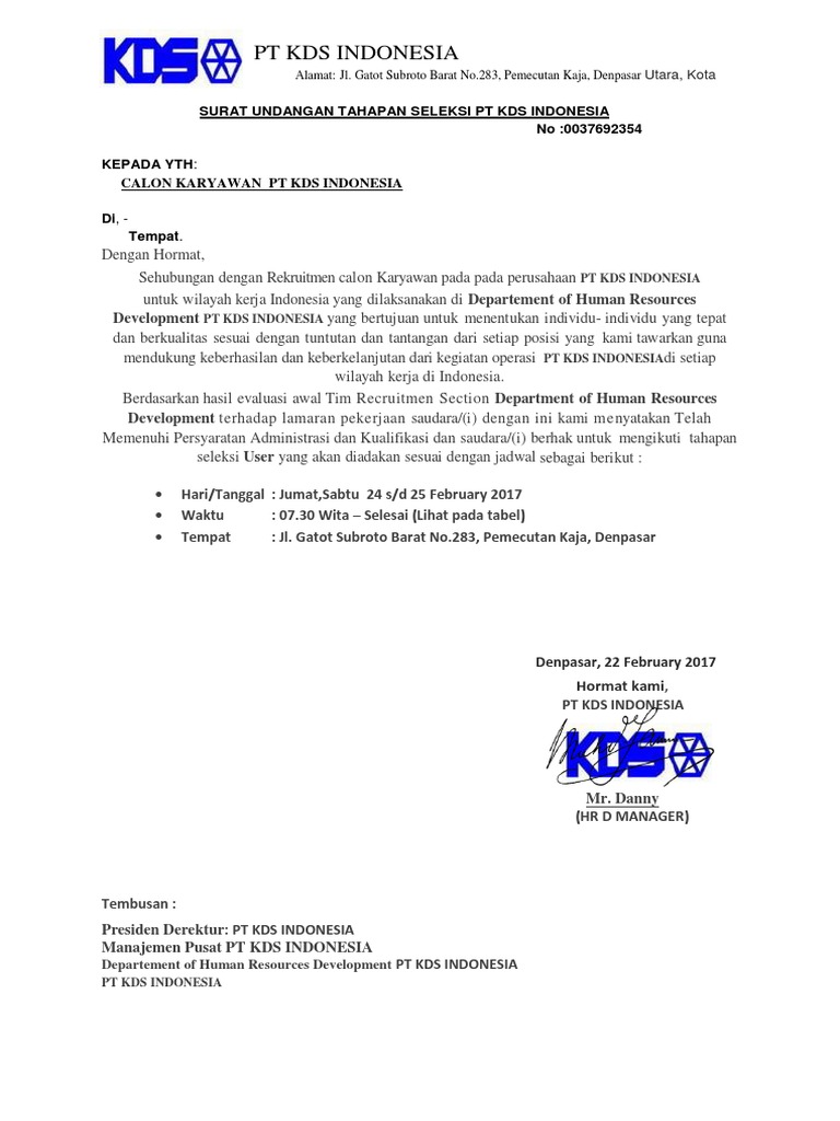 Surat Undangan Tahapan Seleksi PT KDS INDONESIA | PDF