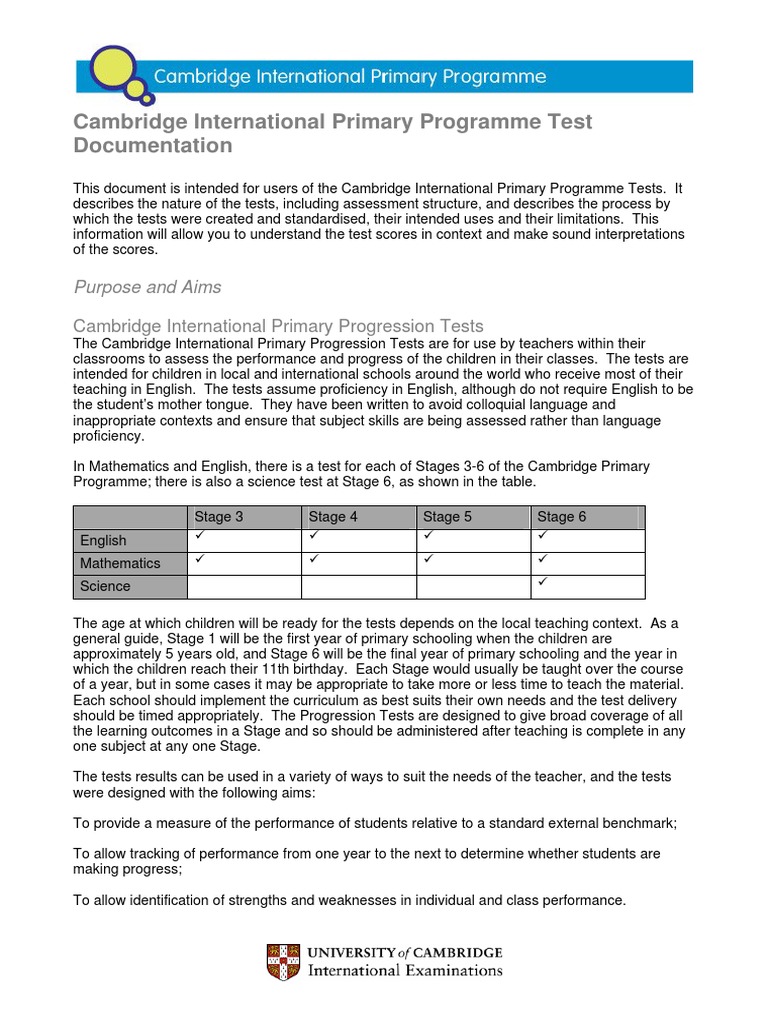 Cambridge Primary Test Overview | PDF | Standard Error | Test (Assessment)