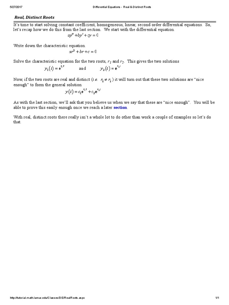 Real Distinct Roots in Differential Equations | PDF