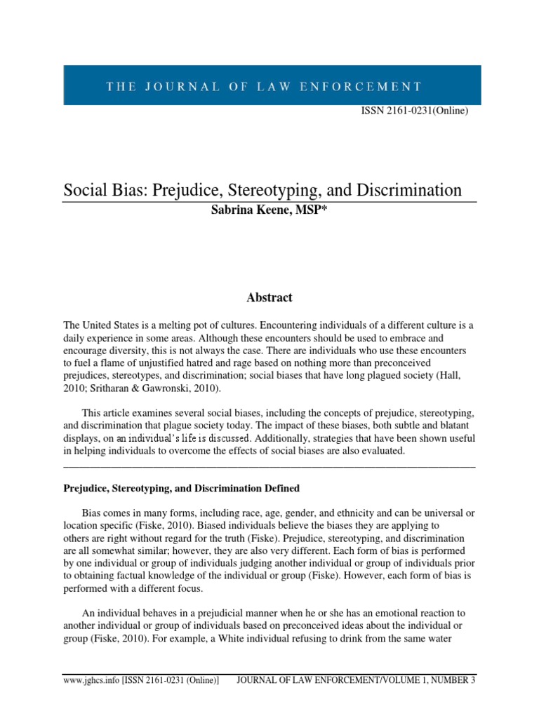Social Bias Prejudice, Stereotyping, and Discrimination | PDF ...