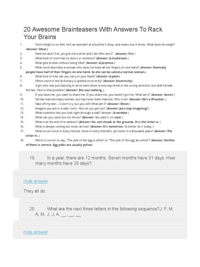 20 Awesome Brainteasers With Answers To Rack Your Brains | PDF | Egg