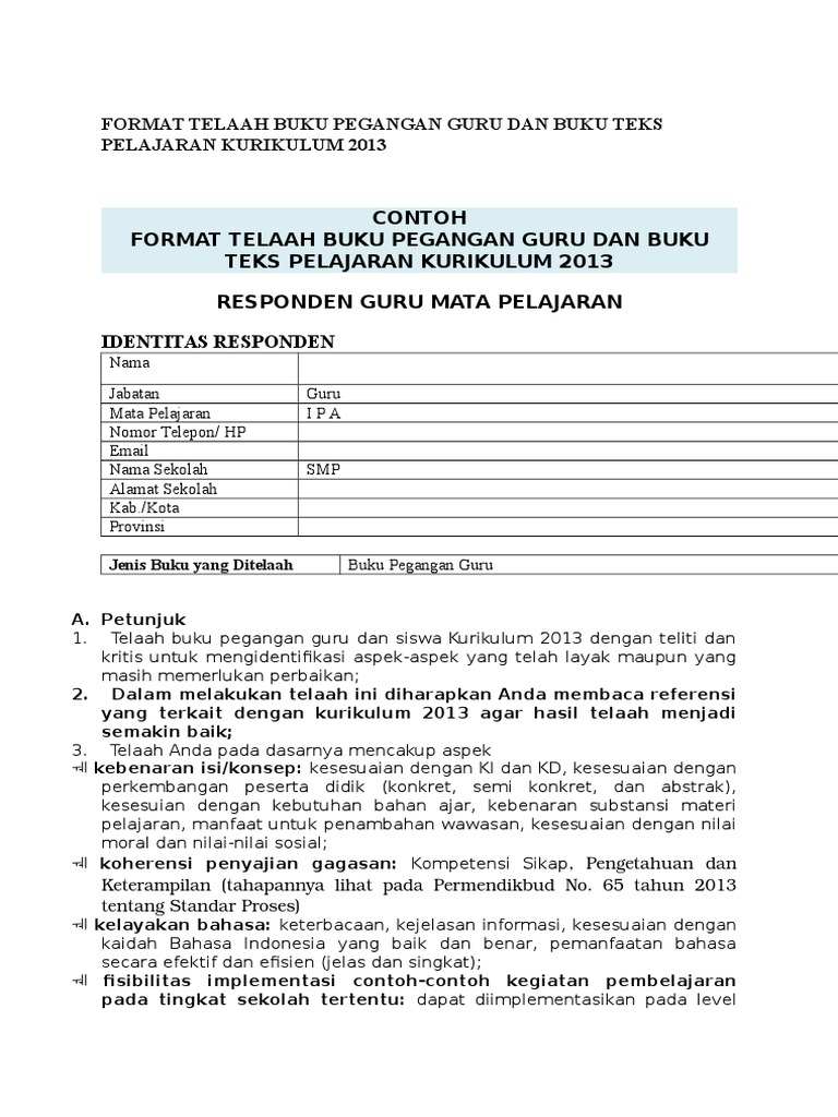 Format Telaah Buku Pegangan Guru Dan Buku Teks Pelajaran Kurikulum 2013 | PDF