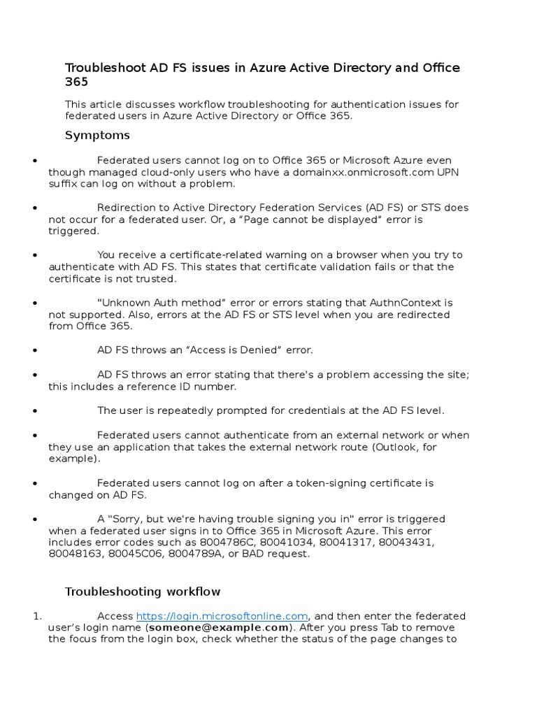 Troubleshoot AD FS Issues in Azure Active Directory and Office 365 ...