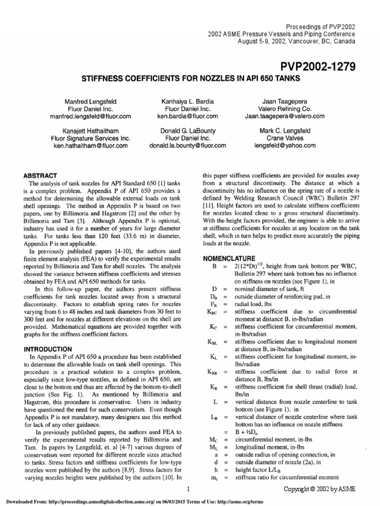 Stiffness coefficients for nozzles in API 650 tanks.pdf | Finite ...