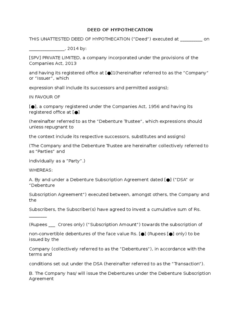 Deed of Hypothecation - Draft Template | PDF | Indemnity | Deed