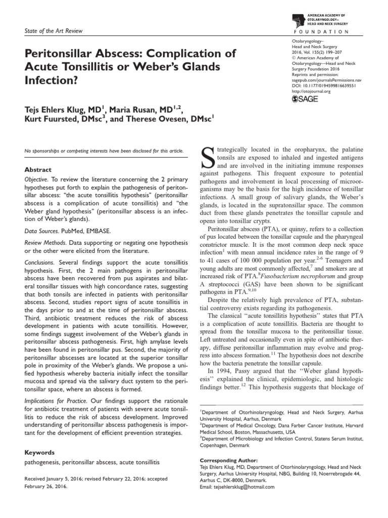 Peritonsillar Abscess: Complication of Acute Tonsillitis or Weber's ...