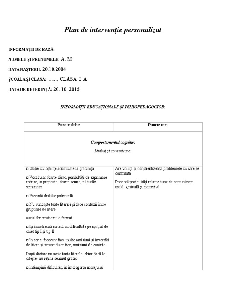 Plan de Interventie Personalizat | PDF