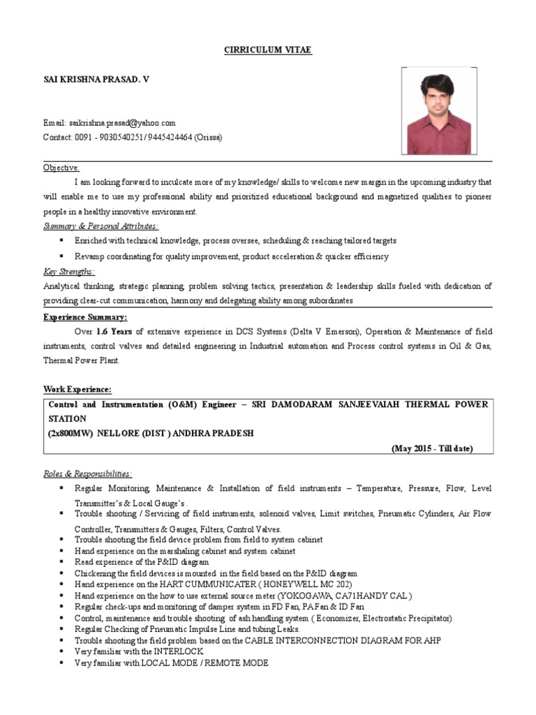 Curriculum Vitae - Sai Krishna Prasad. V | PDF | Programmable Logic Controller | Instrumentation