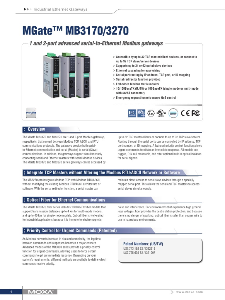 Mgate™ Mb3170/3270: 1 and 2-Port Advanced Serial-To-Ethernet Modbus Gateways | PDF | Optical ...