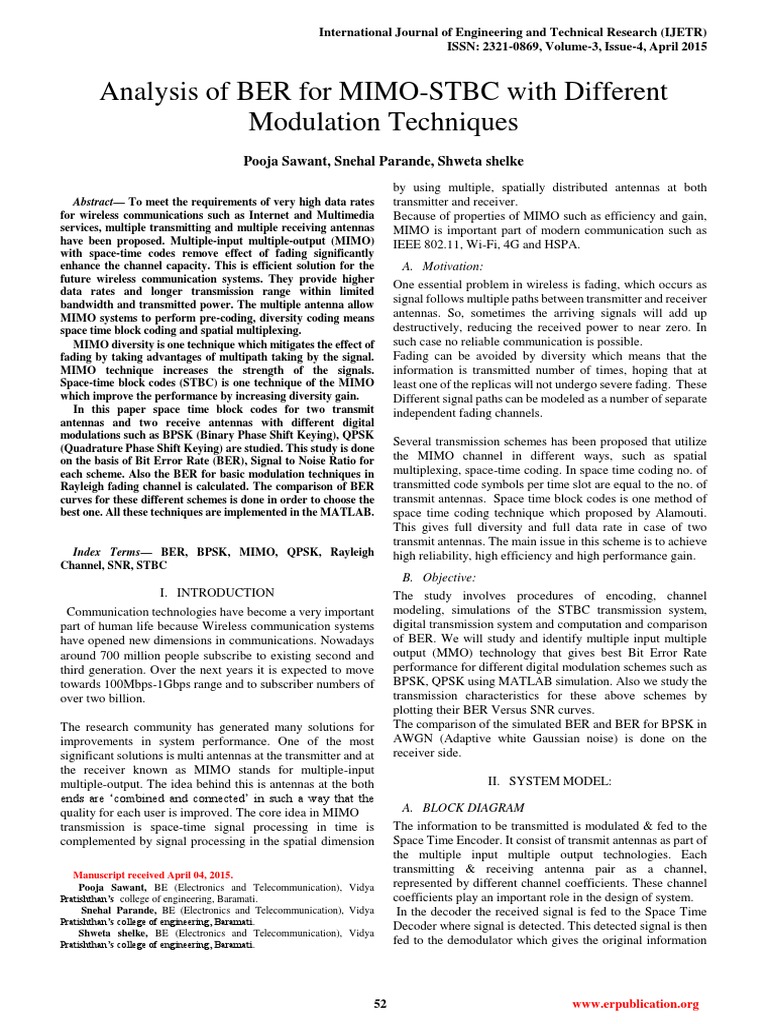 Analysis of BER For MIMO-STBC With Different Modulation Techniques ...