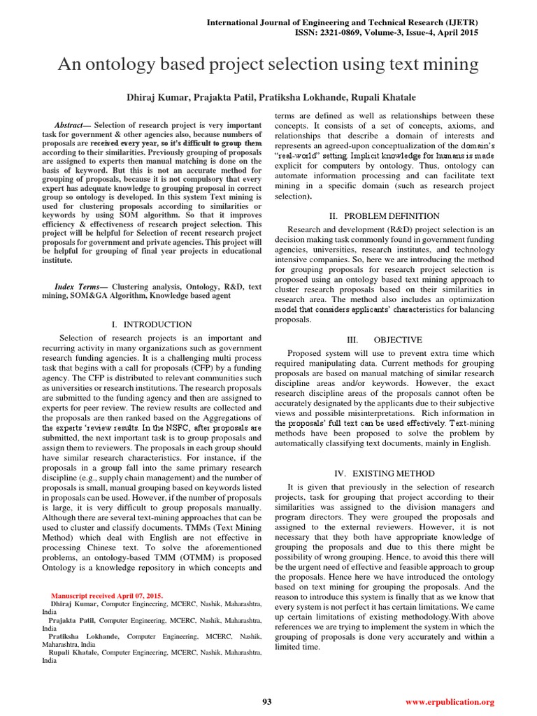 An Ontology Based Project Selection Using Text Mining: Dhiraj Kumar ... An Ontology Based Project Selection Using Text Mining: Dhiraj Kumar ...