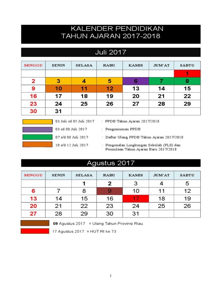 Kalender Pendidikan 2017-2018 SD, SMP, Sma - Ma, SMK | PDF