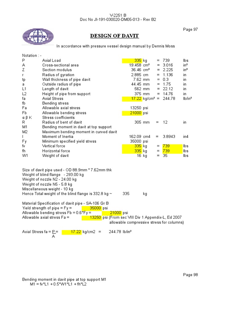 Davit Cal 2251B Davit Arm Calculation | PDF | Bending | Stress (Mechanics)