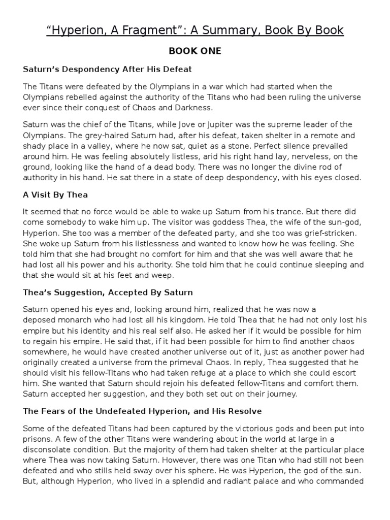 "Hyperion, A Fragment": A Summary, Book by Book | Download Free PDF ...