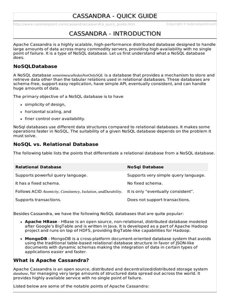 Cassandra Quick Guide | PDF | No Sql | Relational Model