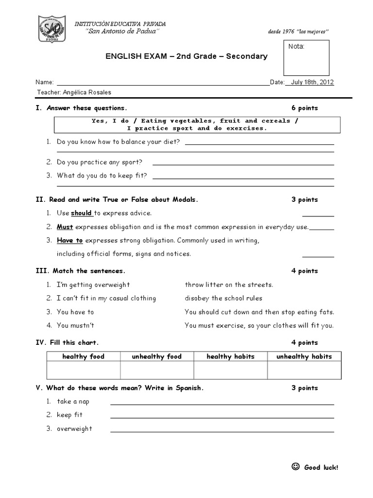 ENGLISH EXAM - 2nd Grade - Secondary: "San Antonio de Padua" | PDF