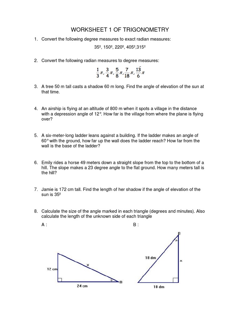 Worksheet 1 of Trigonometry | PDF | Angle | Triangle
