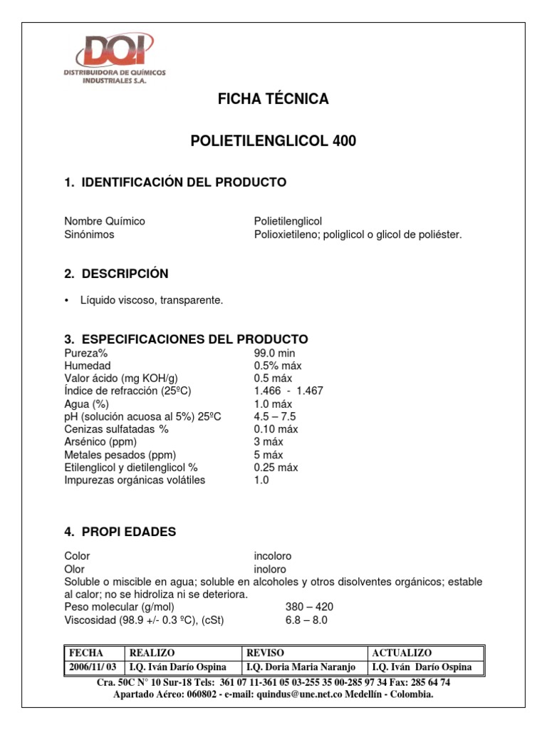 Polietilenglicol 400 | PDF | Polietilenglicol | Sustancias químicas