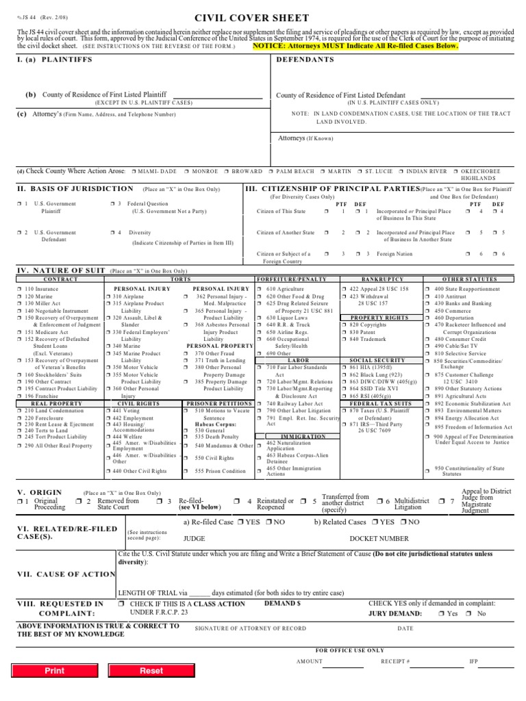 Civil Cover Sheet Without | PDF | Diversity Jurisdiction | Lawsuit