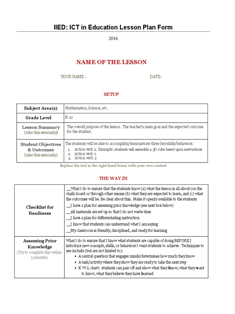 IIED: ICT in Education Lesson Plan Form: Name of The Lesson | PDF ...