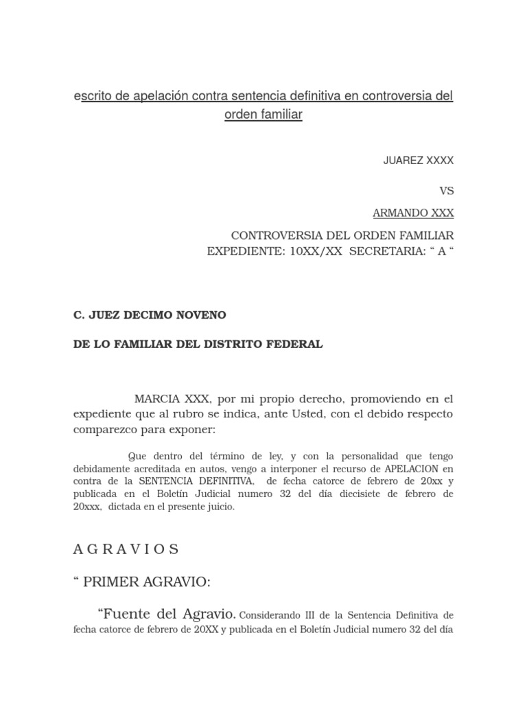 Escrito de Apelación Contra Sentencia Definitiva en Controversia Del Orden Familiar | PDF ...