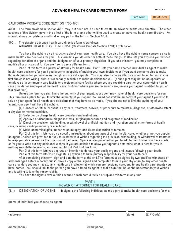 Advance Health Care Directive Form: PAGE 1 of 5 | PDF | Nursing Home ...