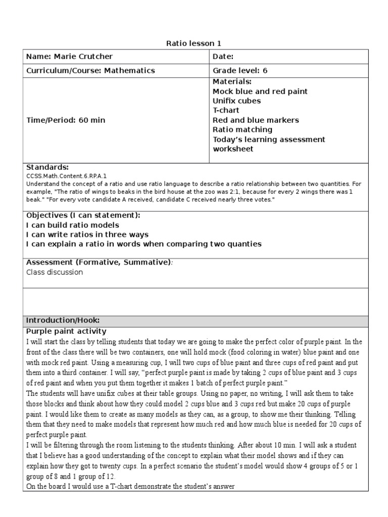 Ratio Lesson 1 | PDF | Ratio | Educational Assessment