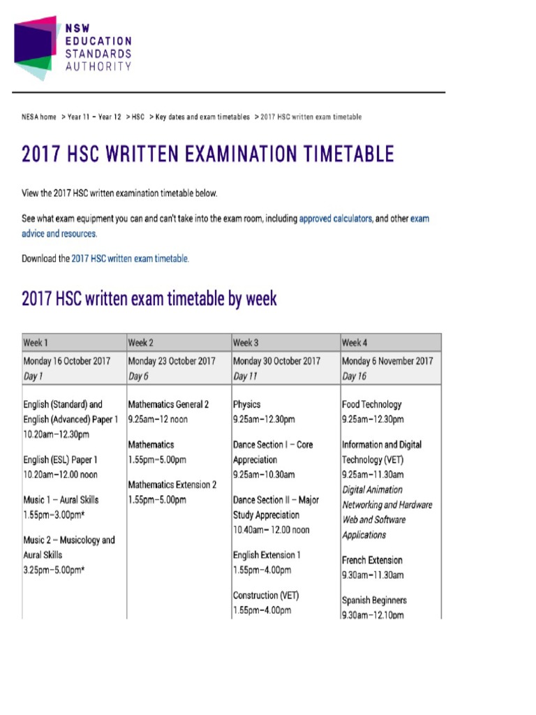 2017 HSC Written Examination Timetable | PDF